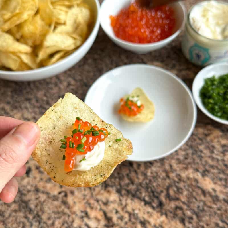 Salmon Roe (Ikura) with Crème Fraîche and Chips! - Onolicious Hawaiʻi